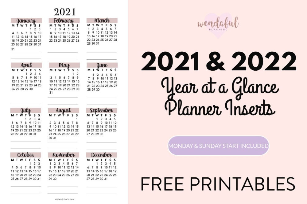2021-2022 Year at a Glance Planner Inserts | Wendaful Planning ...