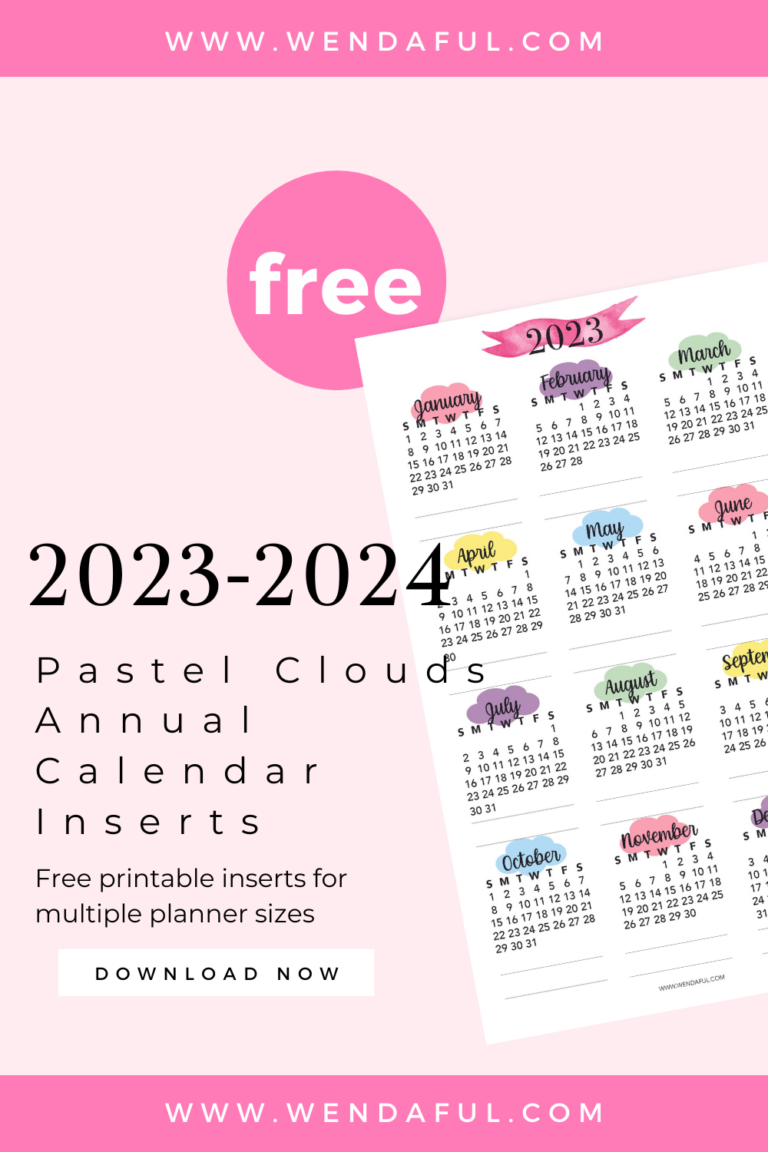 Free Printable 2023-2024 Colorful Pastel Clouds Annual Calendar Inserts ...